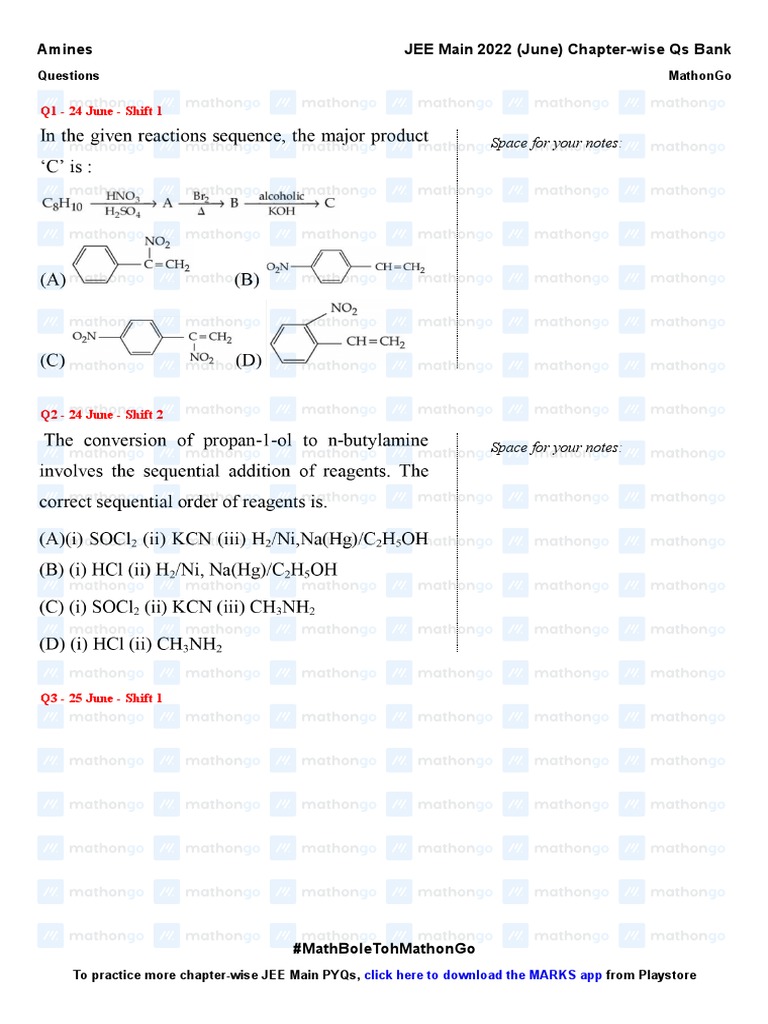 Amines - JEE Main 2022 Chapter Wise Questions by MathonGo | PDF