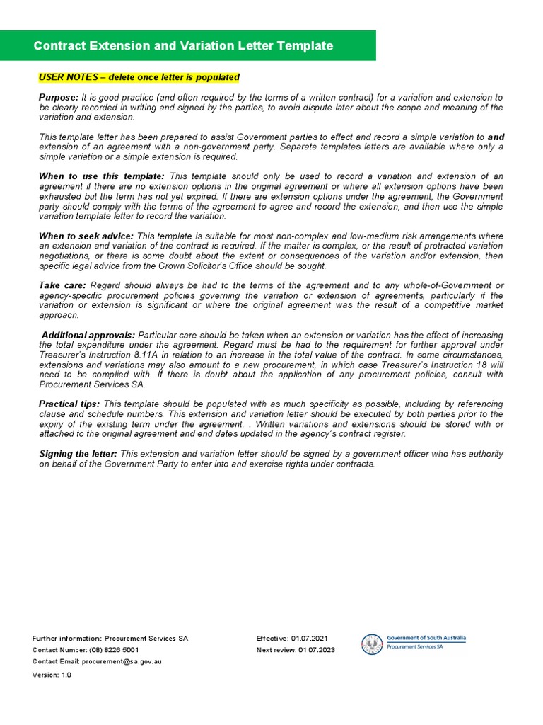 Contract Extension and Variation Letter Template: Further Information ...