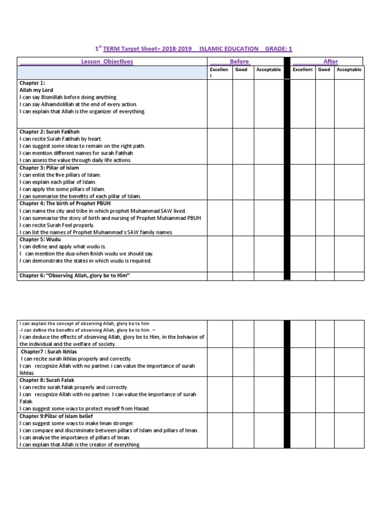 Grade 1 Target Sheet 2018 19 | PDF