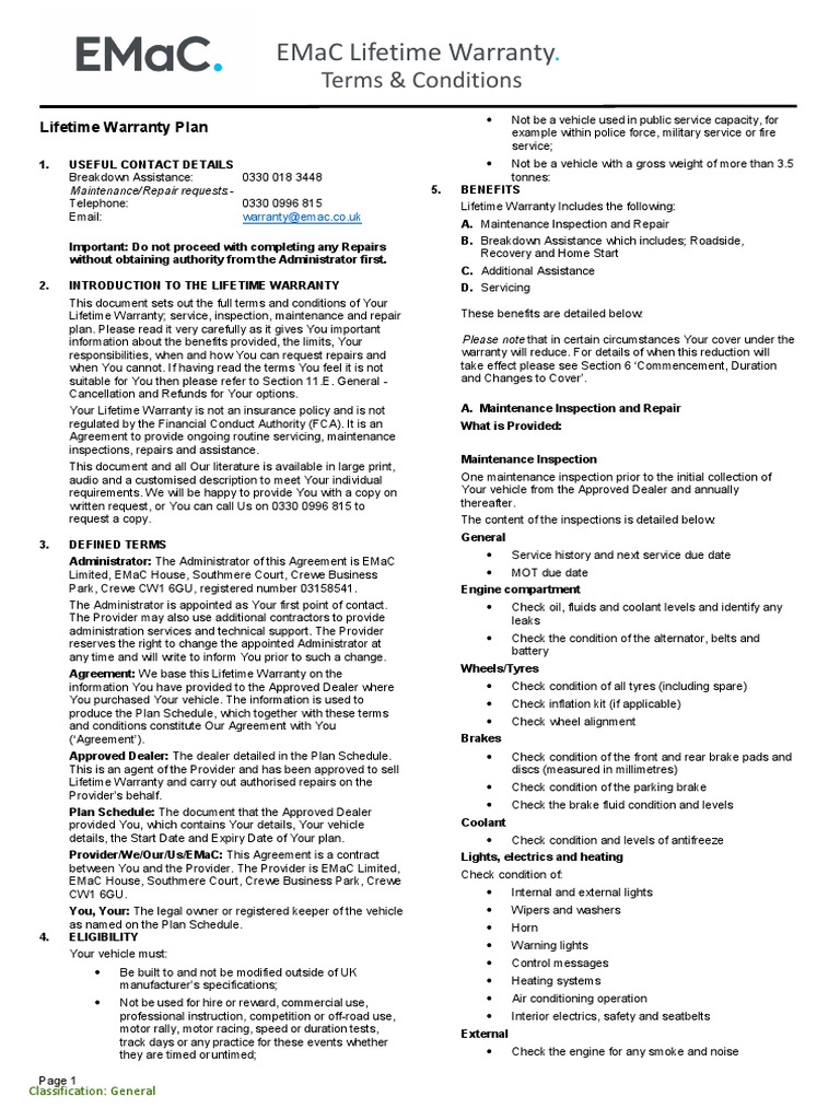 Emac Lifetime Warranty Consumer TC Template Emac Held Approved v2 14th Sept20 | PDF | Manual ...