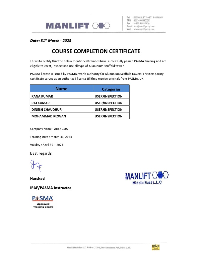 PASMA Training Completion | PDF