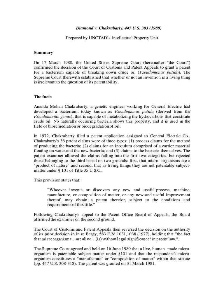Diamond v. Chakrabarty, 447 U.S. Supreme Court 303 (1980) - 0 | PDF ...