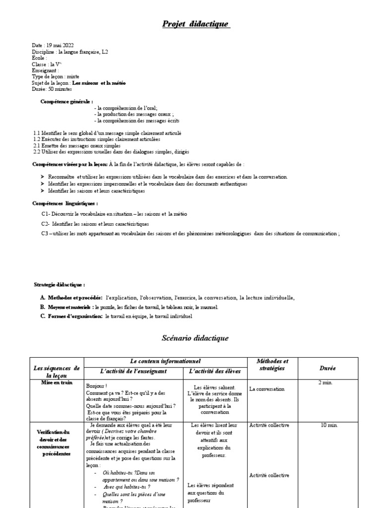 Projet sur les saisons et la météo | PDF | Communication humaine ...
