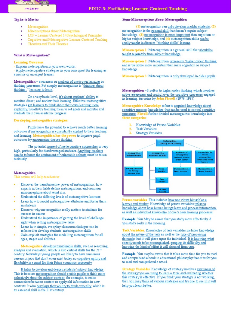 EDUC 3 Midterm Reviewer - Facilitating Learner-Centered Teaching | PDF | Learning | Metacognition