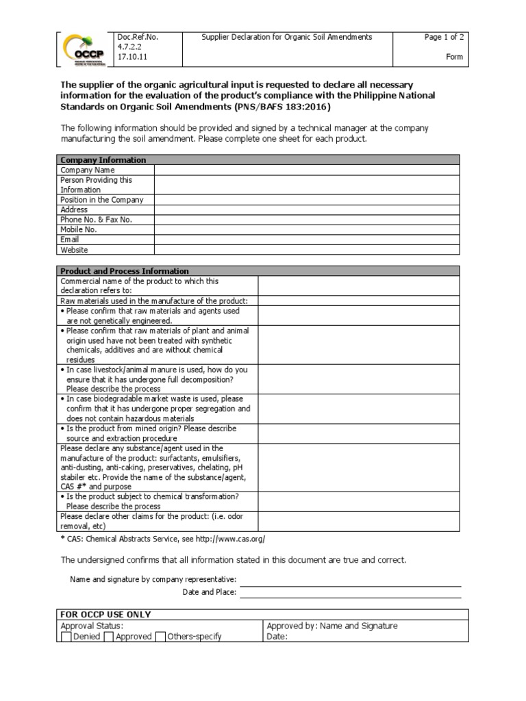 4.7.2.2 Supplier Declaration-OSA OCCP-QM 17.10.11 | PDF | Soil ...