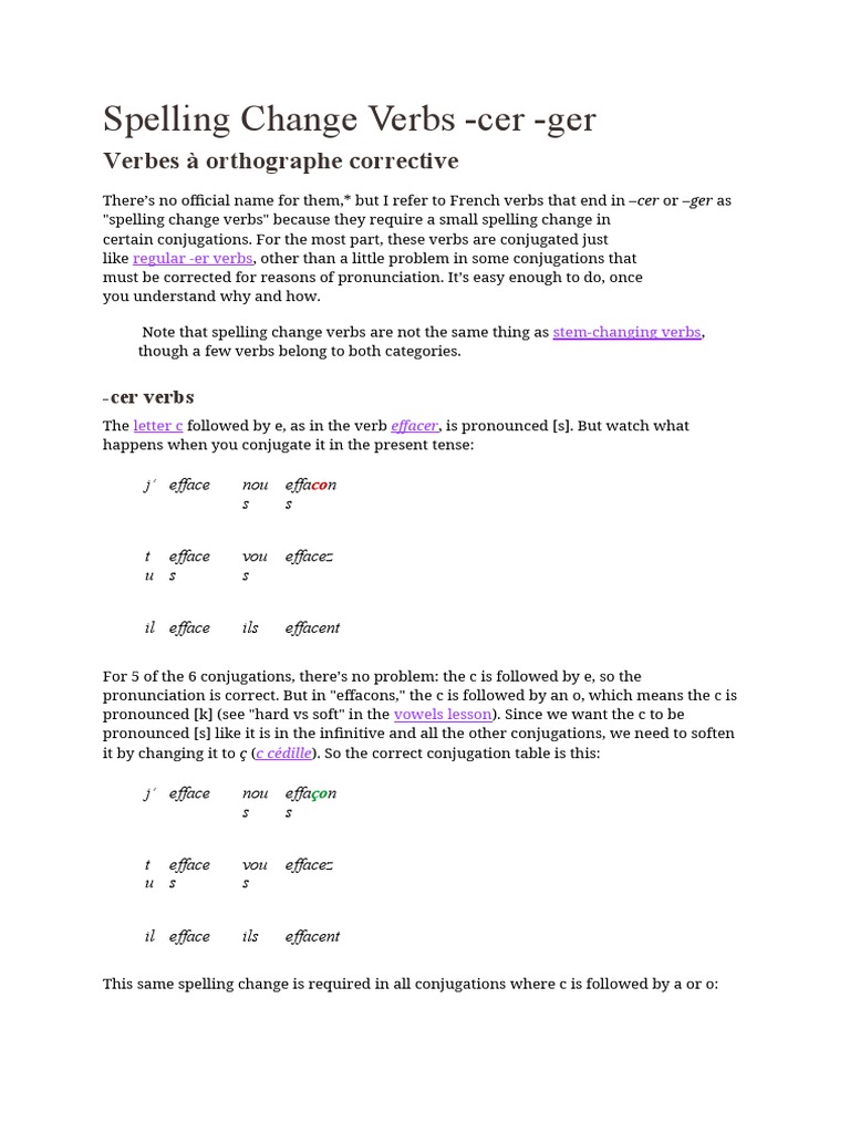 Spelling Change Verbs - Cer - Ger: Verbes À Orthographe Corrective ...