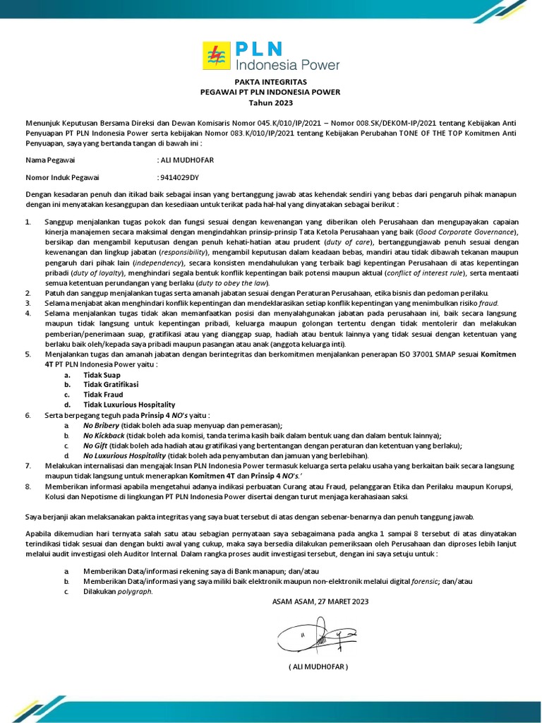 Pakta Integritas Pegawai PT PLN Indonesia Power Tahun 2023 | PDF