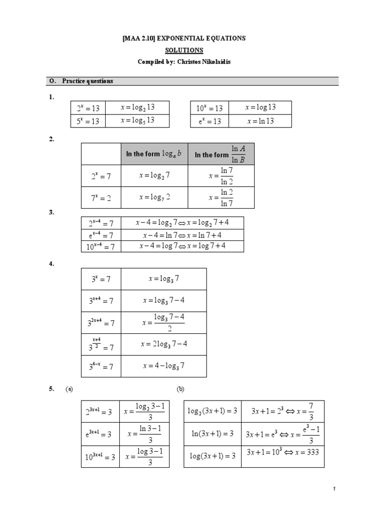 (MAA 2.10) EXPONENTIAL EQUATIONS - Solutions | PDF | Logarithm | Mathematical Objects