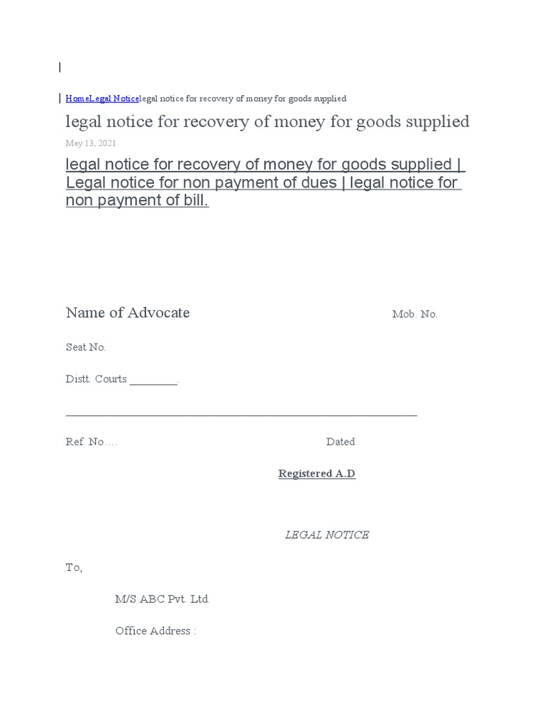Legal Notice For Recovery of Money Good Supply | PDF | Justice | Crime ...