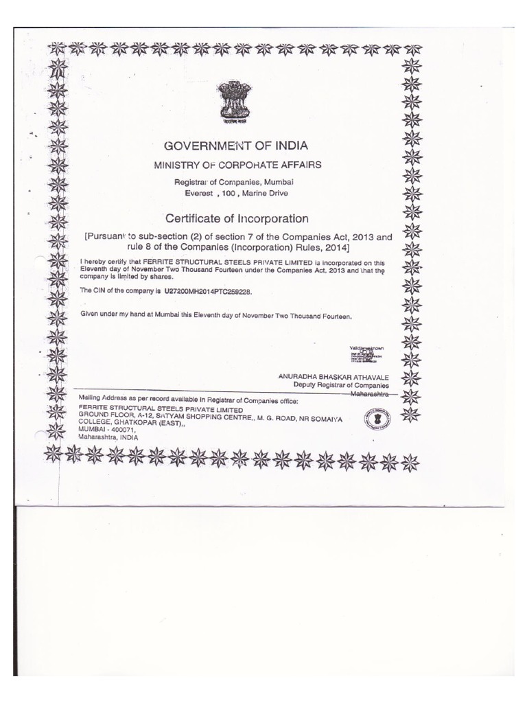 Incorporation Certificate | PDF