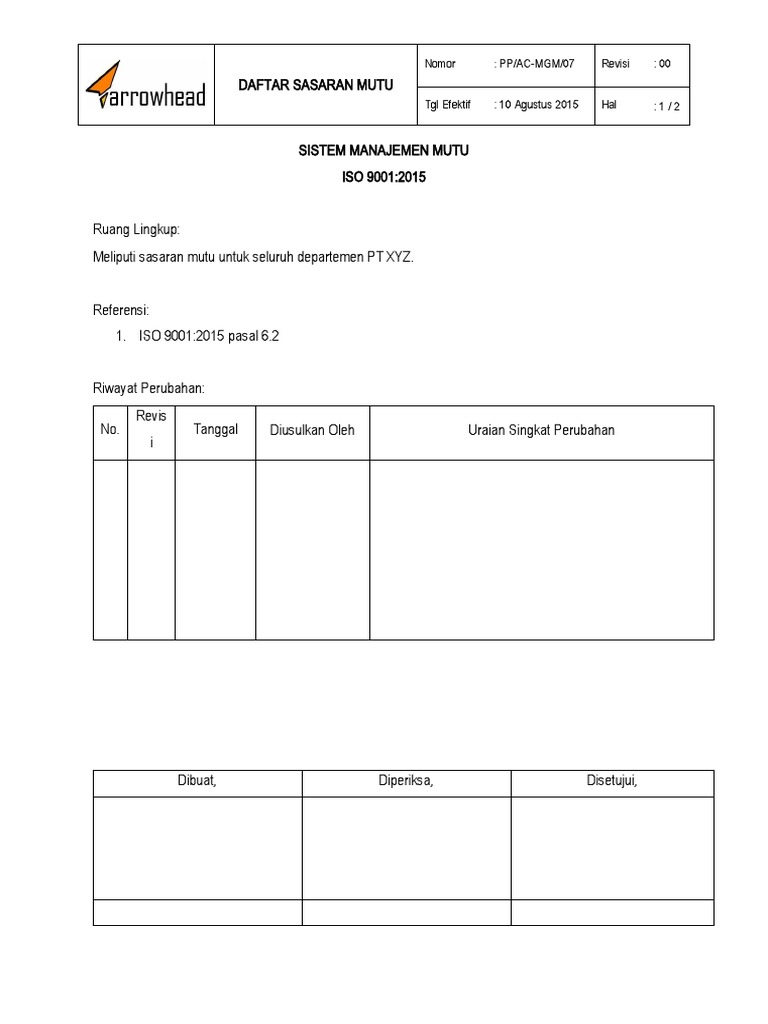 Daftar Sasaran Mutu PT XYZ | PDF | Teknologi & Rekayasa