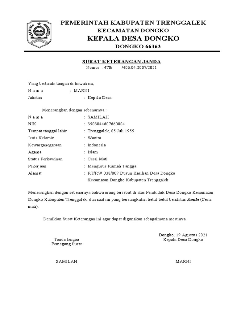 Surat Keterangan Status Janda SAMILAH | PDF