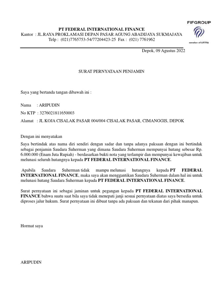 Surat Penjamin | PDF | Pengelolaan Keuangan & Uang