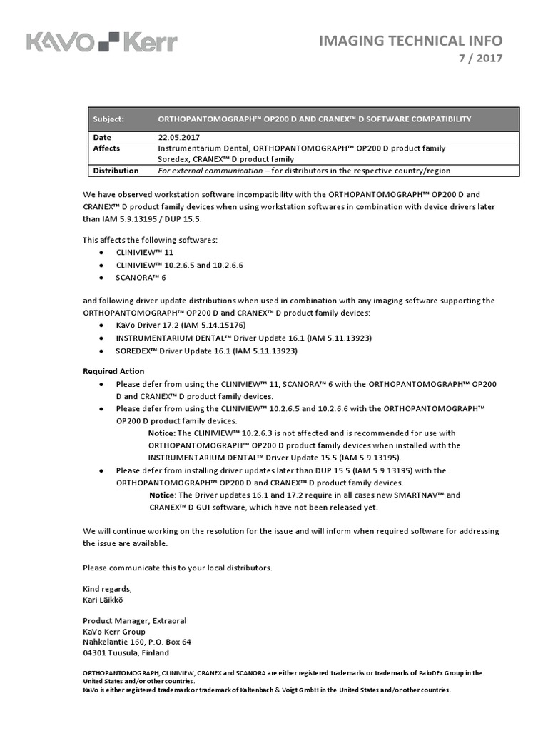 2017-07 KaVoKerr TechInfo OP200 D and CRANEX D SW Compatibiility | PDF ...