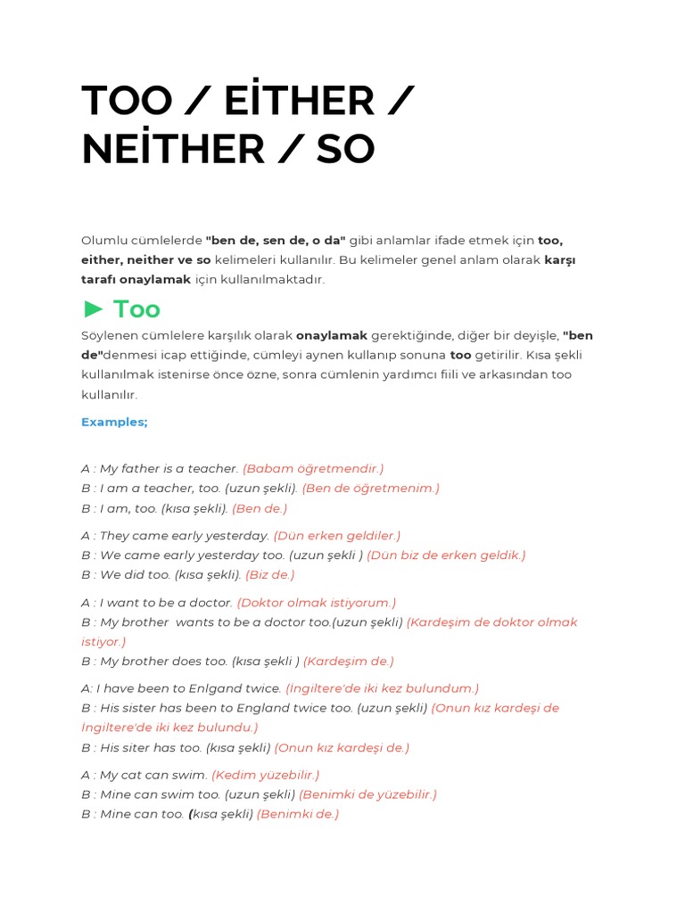 Too / Either / Neither / So | PDF