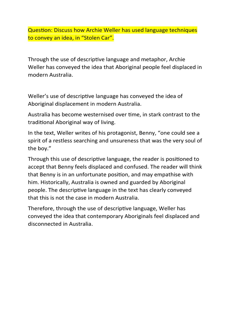 How Archie Weller Uses Language to Convey Aboriginal Displacement | PDF