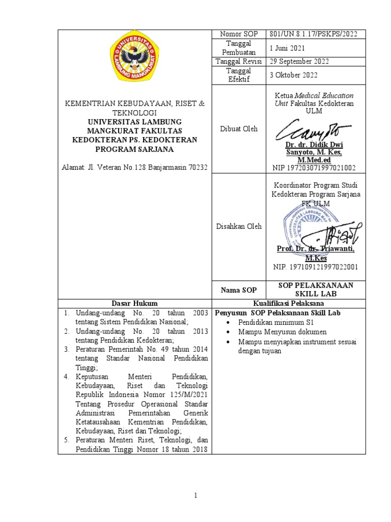 SOP Skill Lab Format Baru | PDF