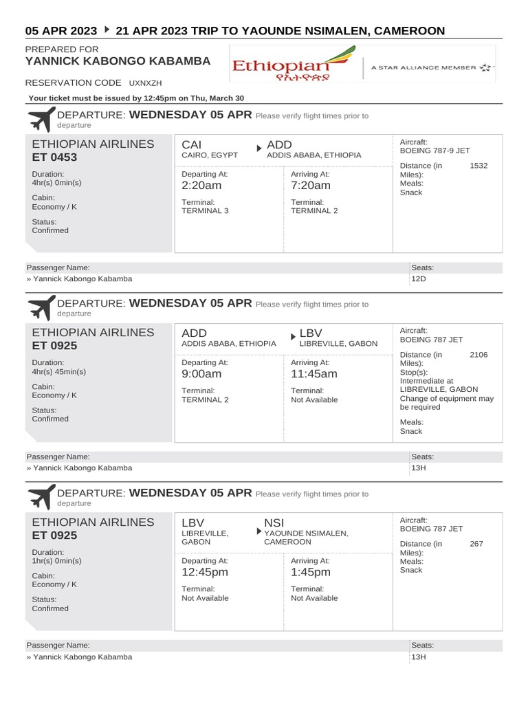 Travel Reservation April 05 For YANNICK KABONGO KABAMBA | PDF ...