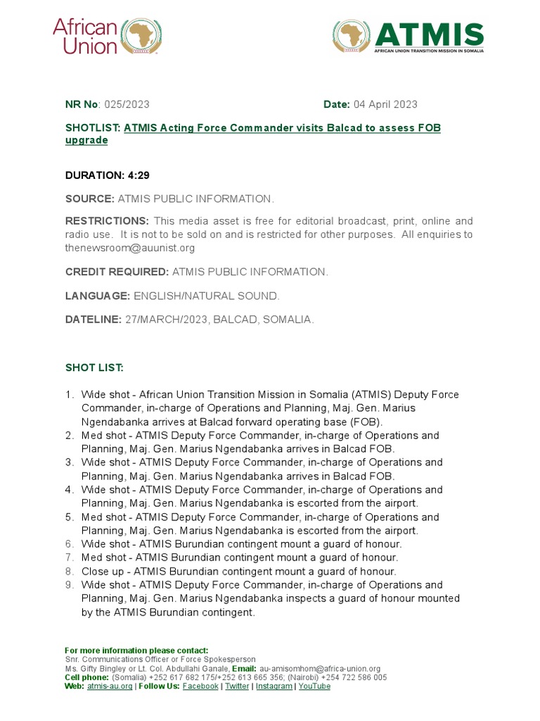 ATMIS Acting Force Commander Visits Balcad To Assess FOB Upgrade | PDF ...