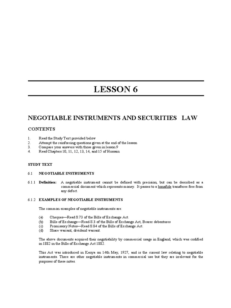 Lesson 6: Negotiable Instruments and Securities Law | PDF | Negotiable ...