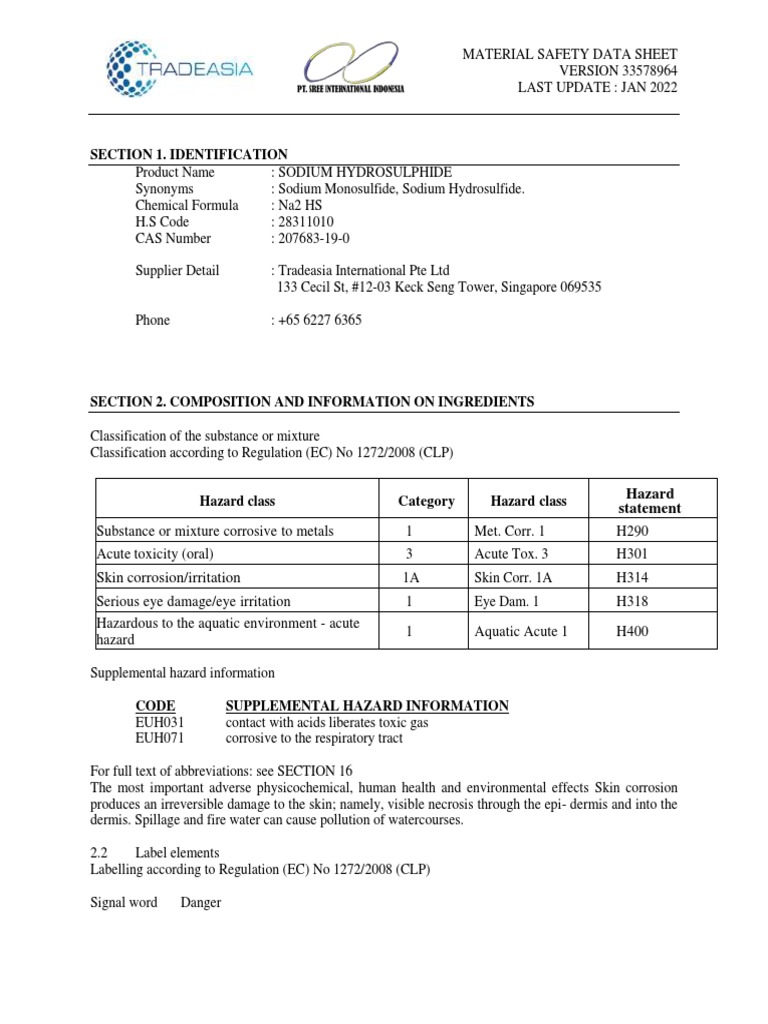 MSDS SODIUM HYDROSULPHIDE | PDF | Dangerous Goods | Toxicity