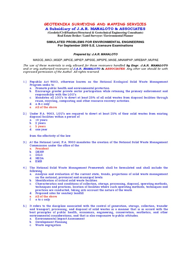 Manaloto - Environmental Engineering Sample Exam | PDF | Waste ...