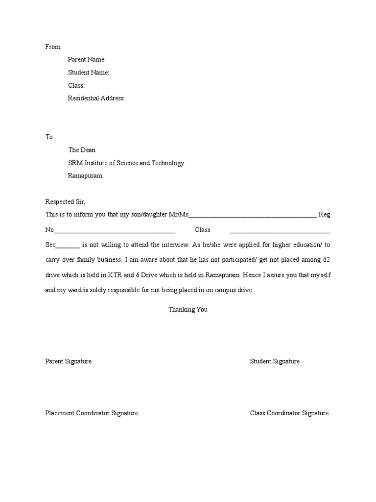 Unwillingness Letter for Placement Interview | PDF