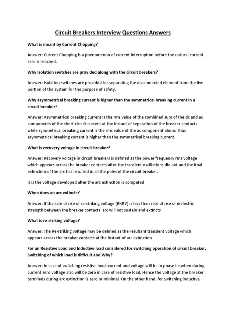 Circuit Breakers Interview Questions Answers | PDF