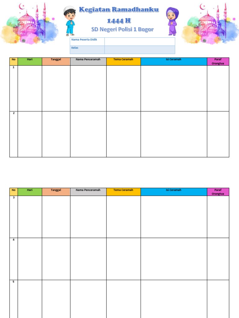 Nama Peserta Didik Kelas: No Hari Tanggal Nama Penceramah Tema Ceramah ...