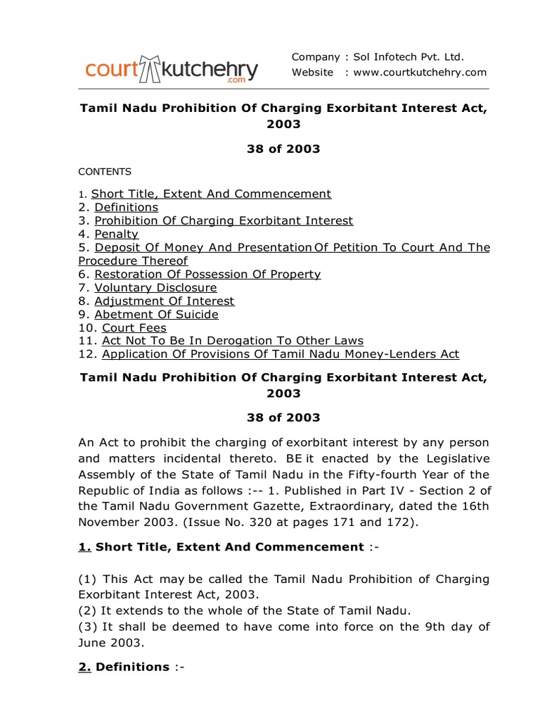 Tamil Nadu Prohibition of Charging Exorbitant Interest Act, 200 | PDF ...
