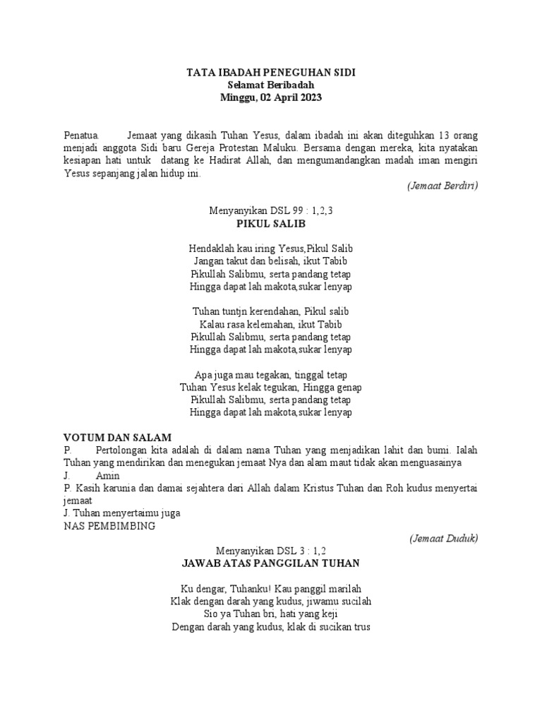 Tata Ibadah Peneguhan Sidi 2023 | PDF