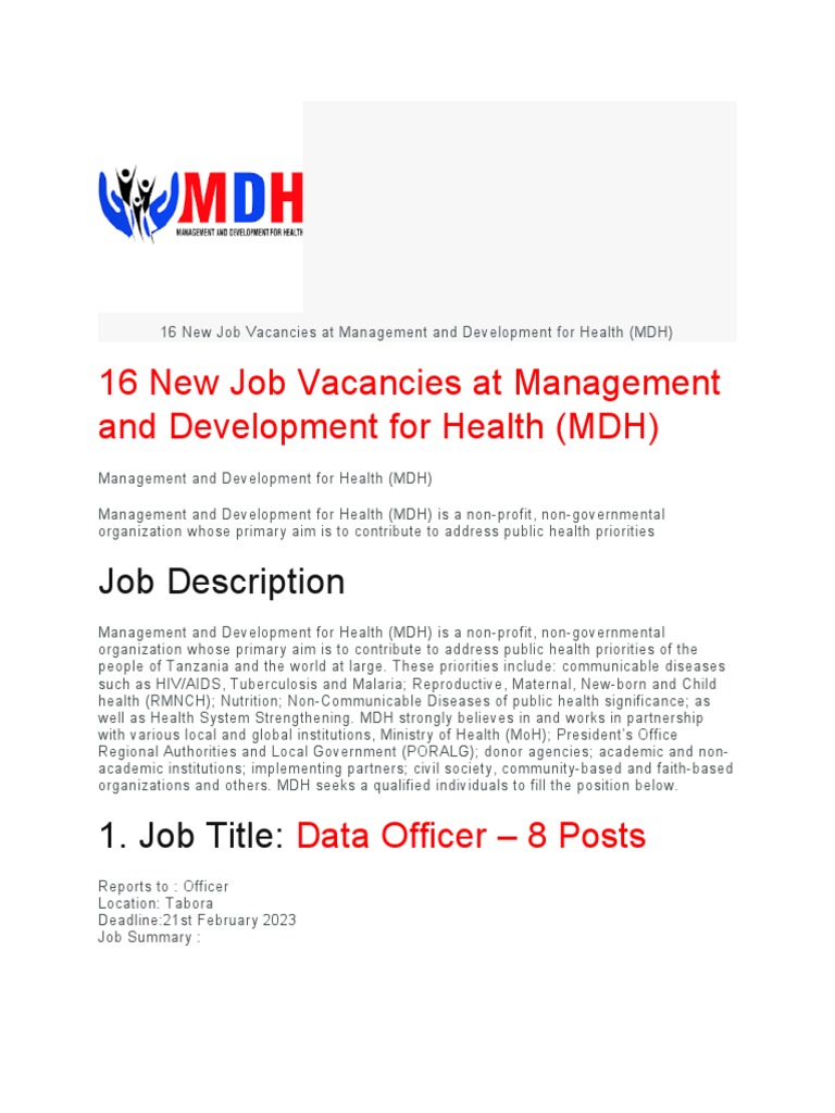 16 New Job Vacancies at Management and Development For Health (MDH ...