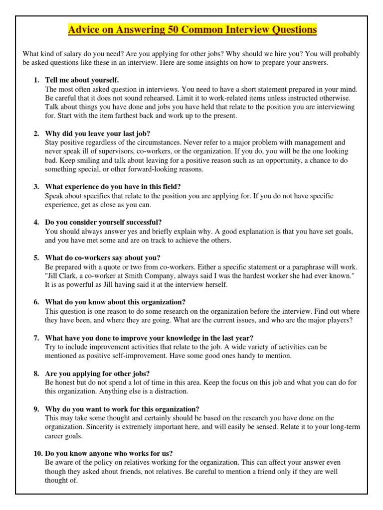 Advice On Interview Questions - 50 | PDF | Experience | Knowledge