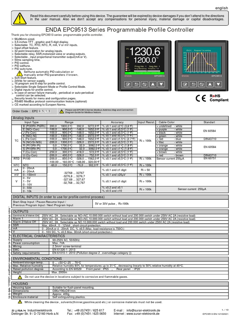 Datablad 2452916 Enda Epc9513 230 Pid Universalregulator B e J K L N R ...