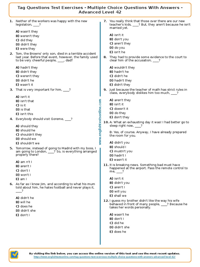 Tag Questions Test - Advanced Multiple Choice Exercise | PDF