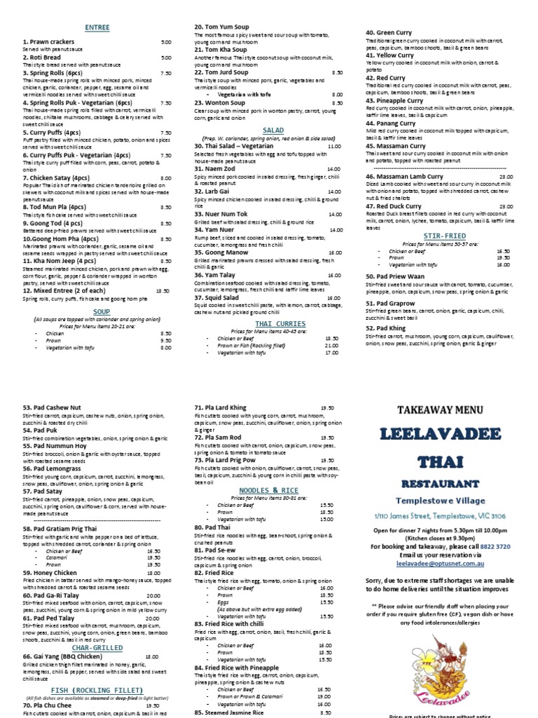 Leelavadee Menu - Thai Templsetowe | PDF | Thai Cuisine | Curry