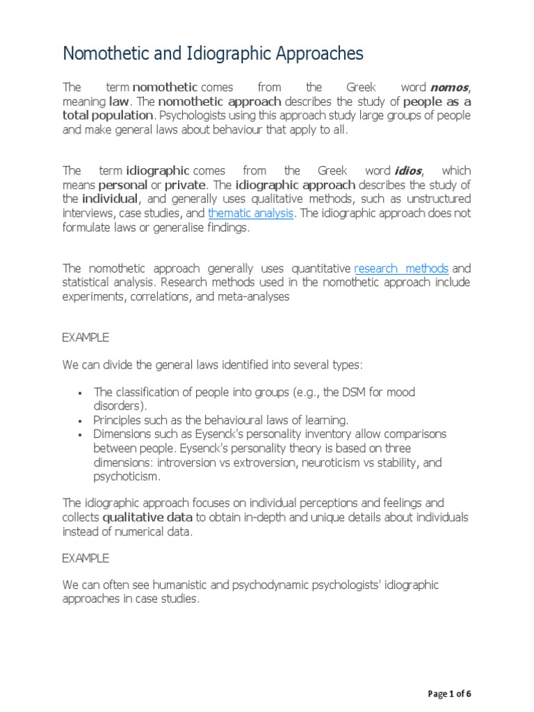 Nomothetic and Idiographic Approaches | PDF | Psychology | Sigmund Freud