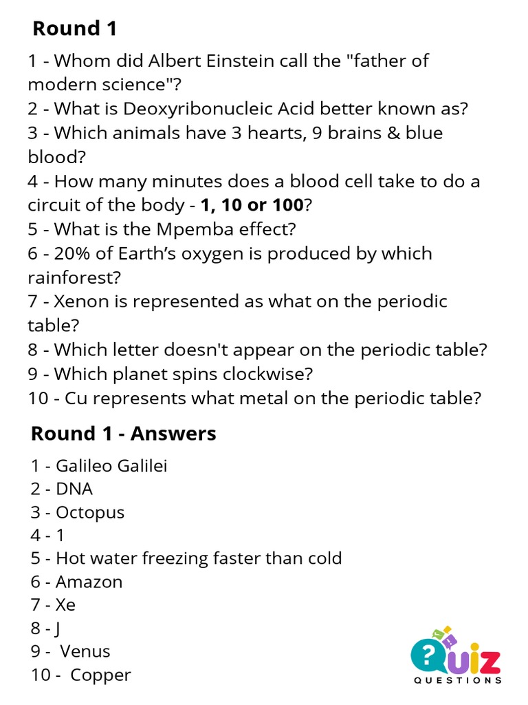Science Quiz | PDF | Periodic Table | Chemical Elements