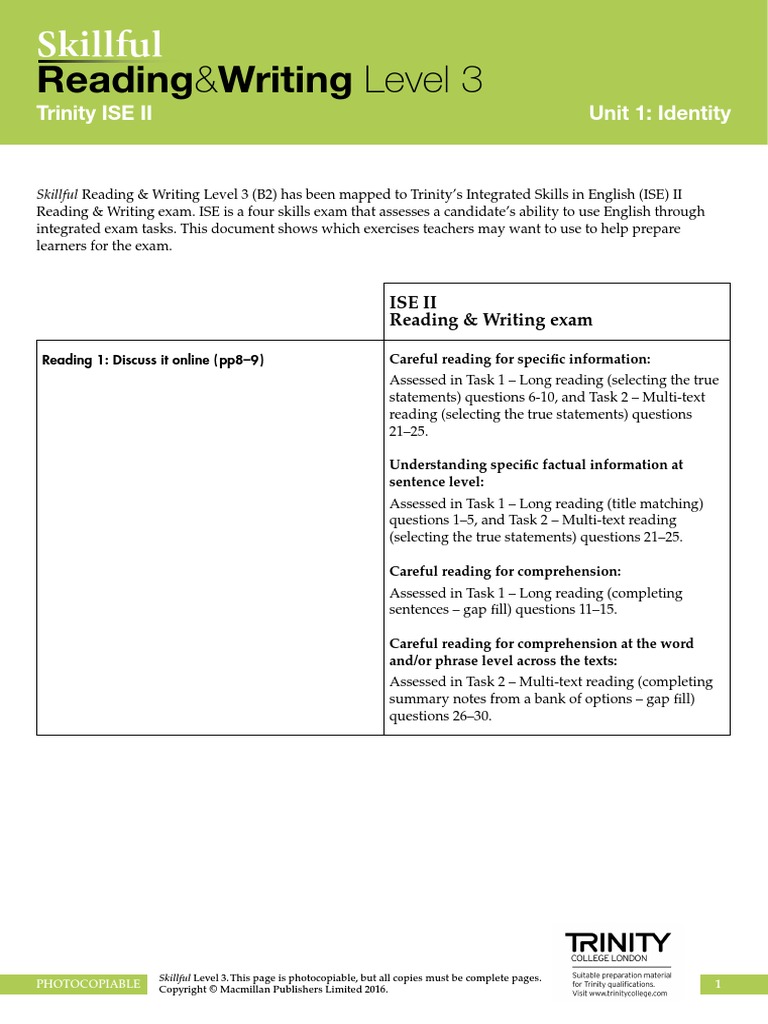 Skillful Reading and Writing 3 Trinity ISE II | PDF | Reading Comprehension | Essays