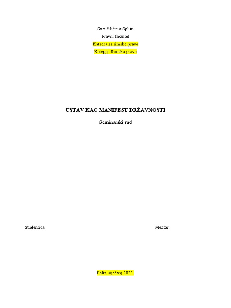 Ustav Kao Manifest Drzavnosti Seminarski | PDF