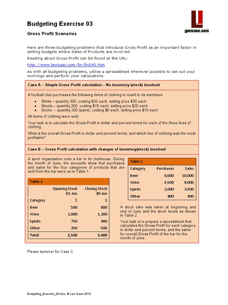Budgeting Exercise 03: Gross Profit Scenarios | PDF | Gross Margin ...