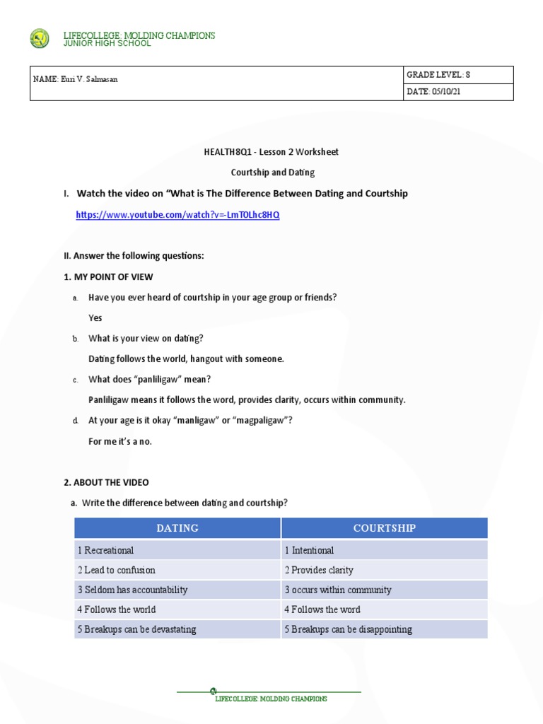 Health8Q1 - Lesson 2 Worksheet - Courtship VS Dating | PDF