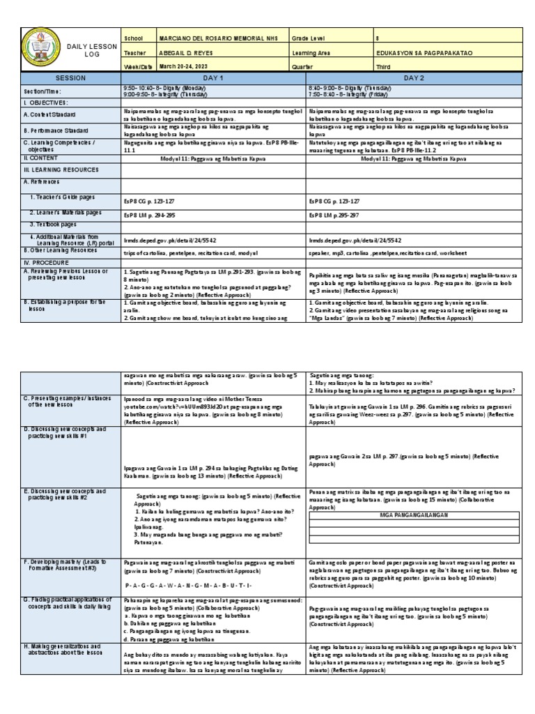DLL-TEMPLATE-EsP-week-5 3rd Quarter | PDF