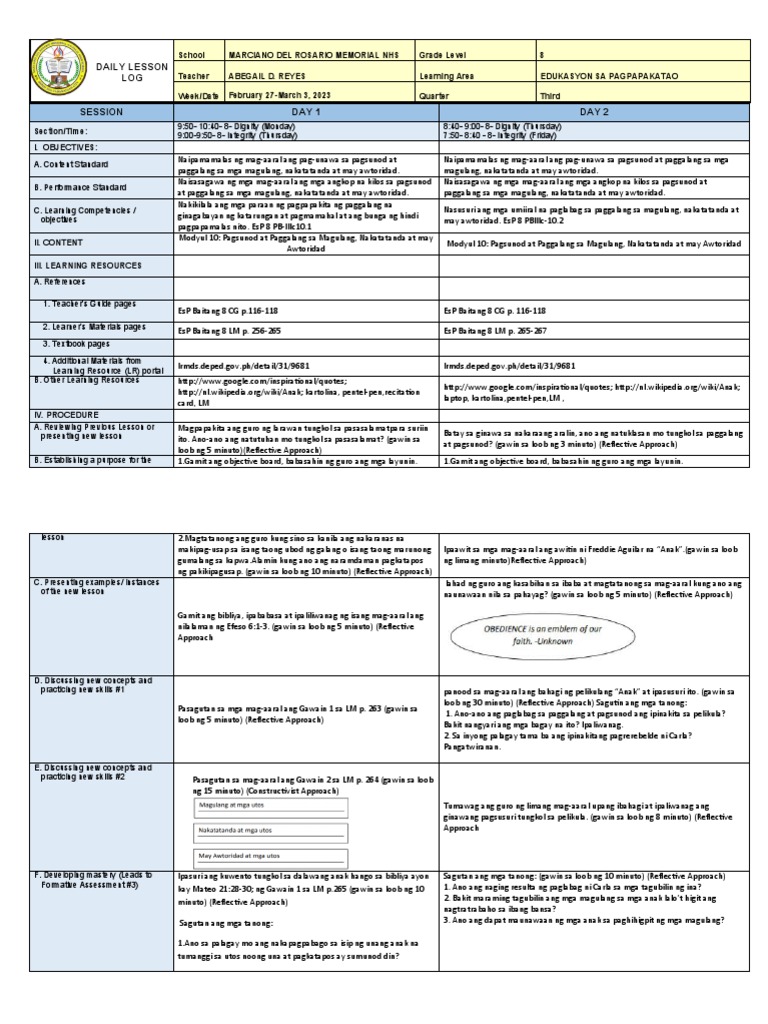 DLL-TEMPLATE-EsP-week-3 3rd quarter | PDF