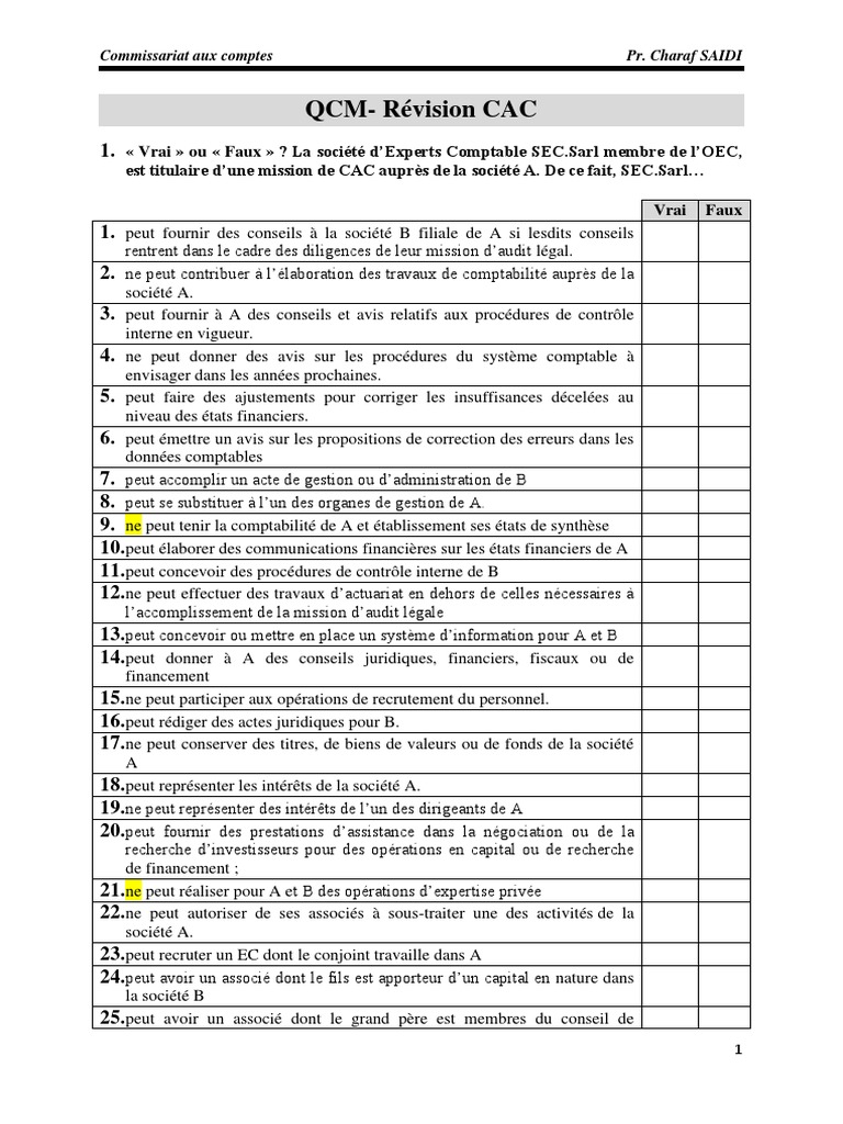 QCM sur le Commissariat aux Comptes | PDF | Audit | Comptabilité