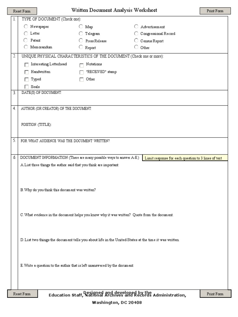 Written Document Analysis Worksheet Former | PDF