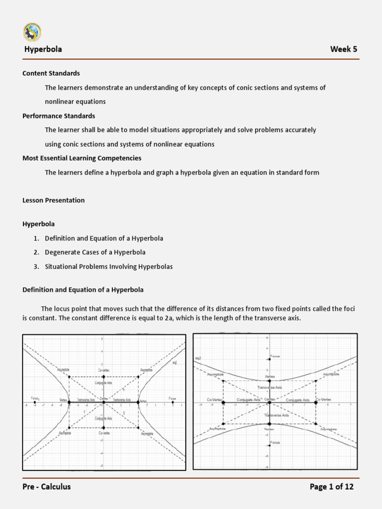 Hyperbola Week 5: Content Standards | PDF | Asymptote | Mathematical Objects