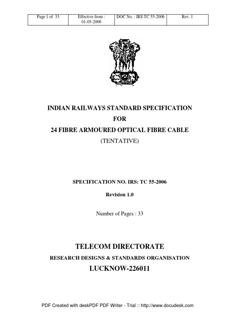 Indian Railways Standard Specification FOR 24 Fibre Armoured Optical ...