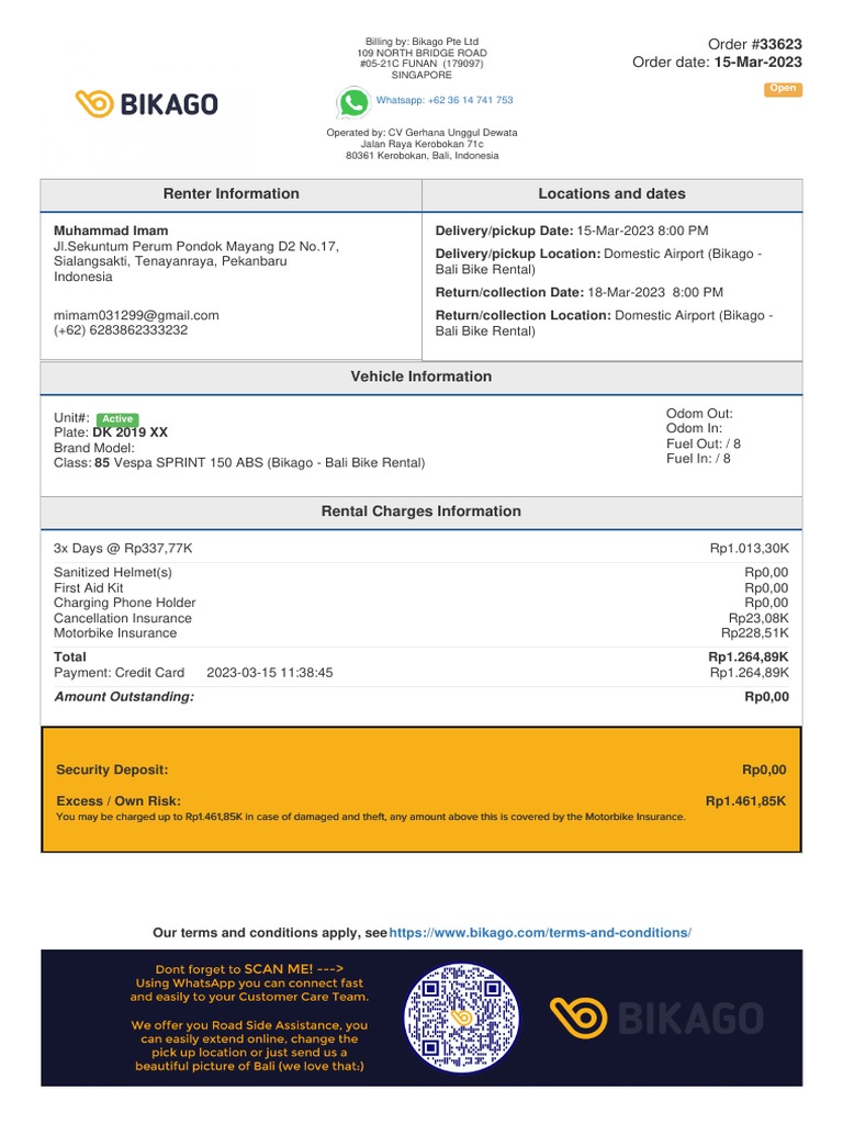Bali Bike Rental Invoice #33623 | PDF | Money | Service Industries