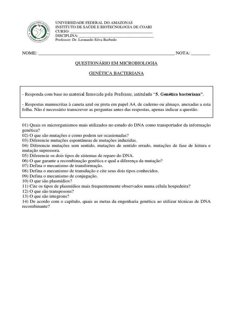 Questionário 5. Genética bacteriana | PDF